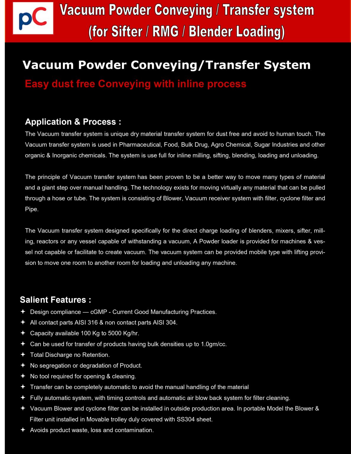 Pharma powder transfer system - Pneuconveyor systems & Engineers